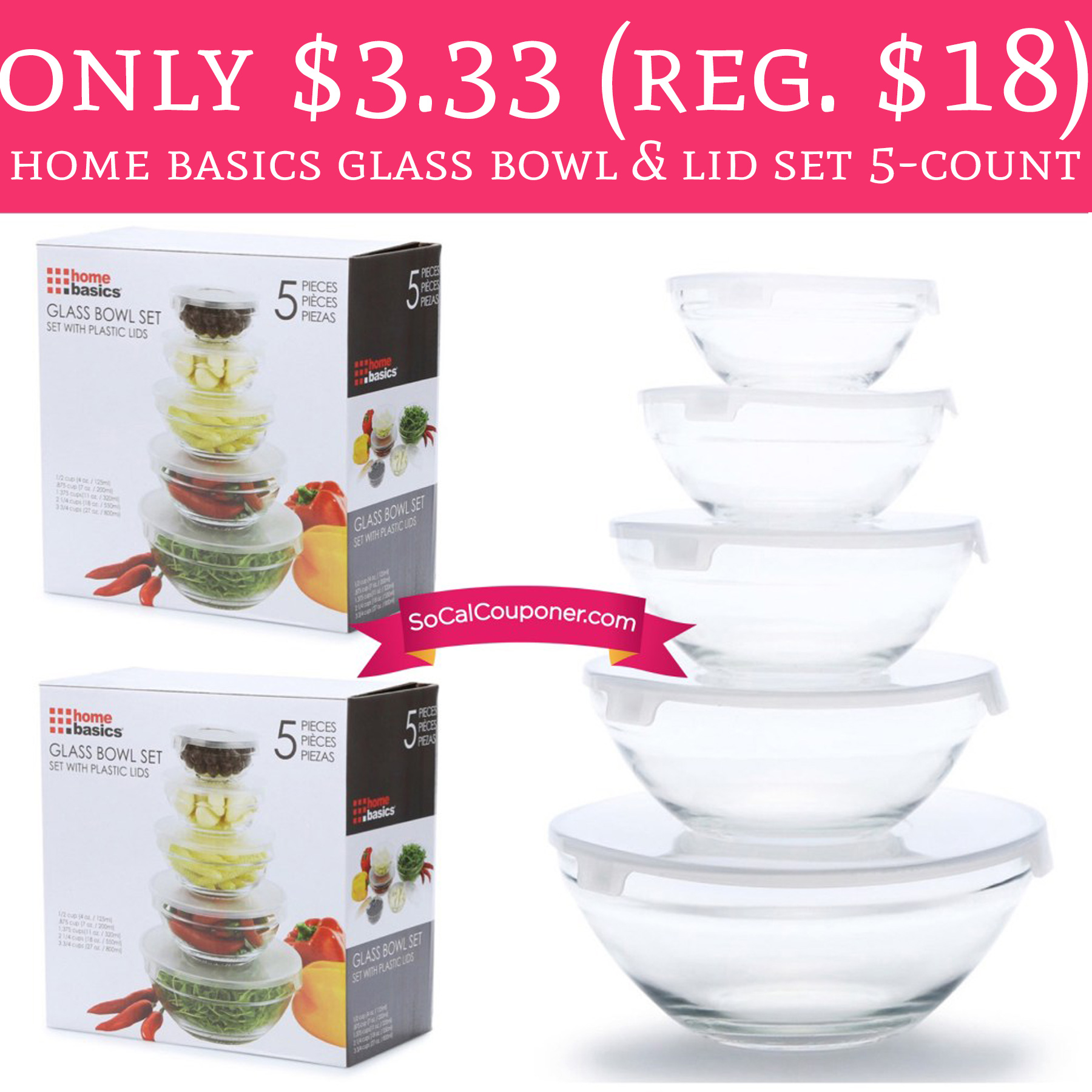 HURRY!! Only $3.33 (Regular $18) Home Basics Glass Bowl & Lid Set 5 ...
